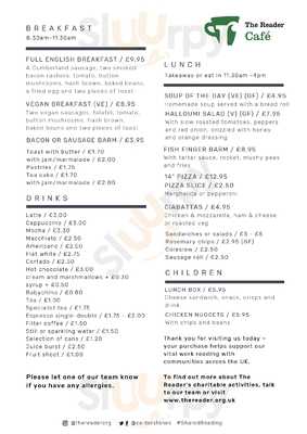 The Reader Cafe, Liverpool - Calderstones Park - Menu and Prices
