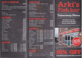 Arki's Fish Bar, Shrewsbury - 63 Whitchurch Road - Menu and Prices