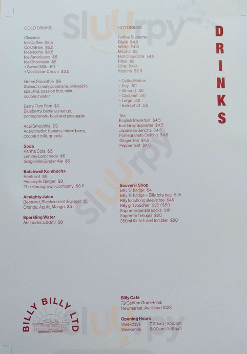 Billy Cafe, Auckland Central - 79 Carlton Gore Road - Menu and Prices