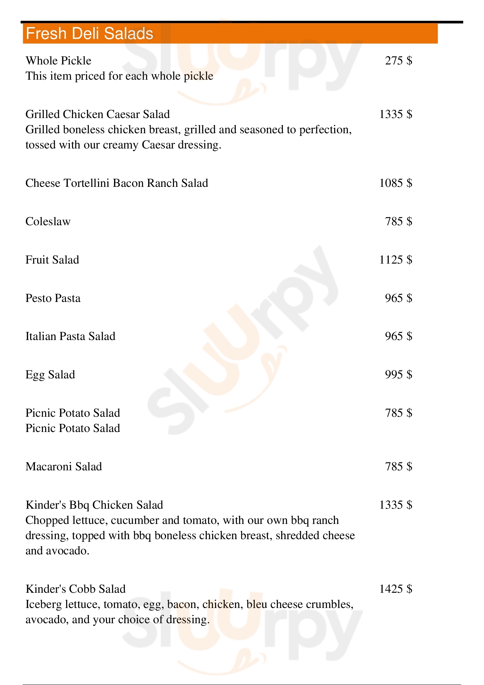 Kinder's Meats-deli-bbq menù, Fairfield - Main Menu | Sluurpy