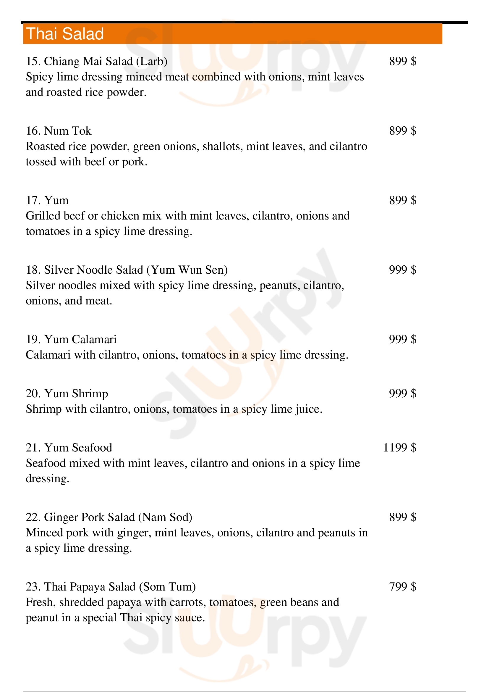 Thai Select menù, Zionsville - Main Menu | Sluurpy