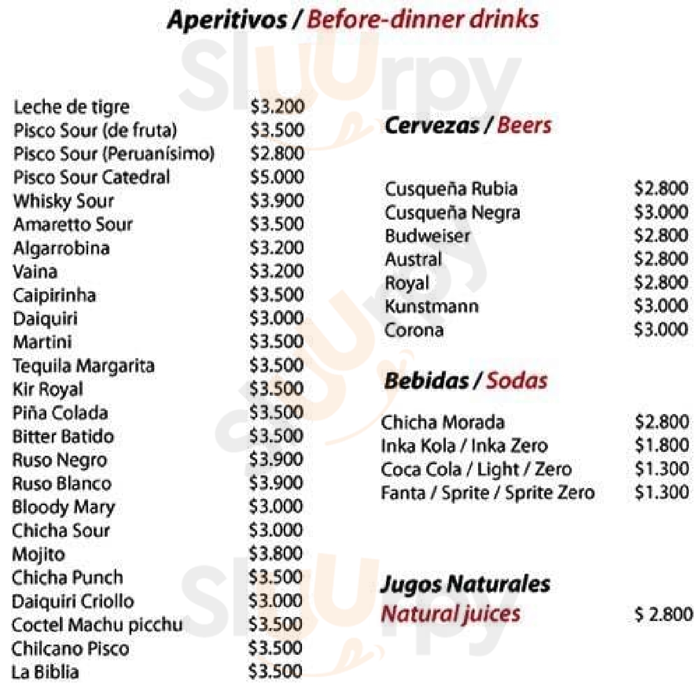 Perú Gustoso menù, Santiago - Main Menu | Sluurpy