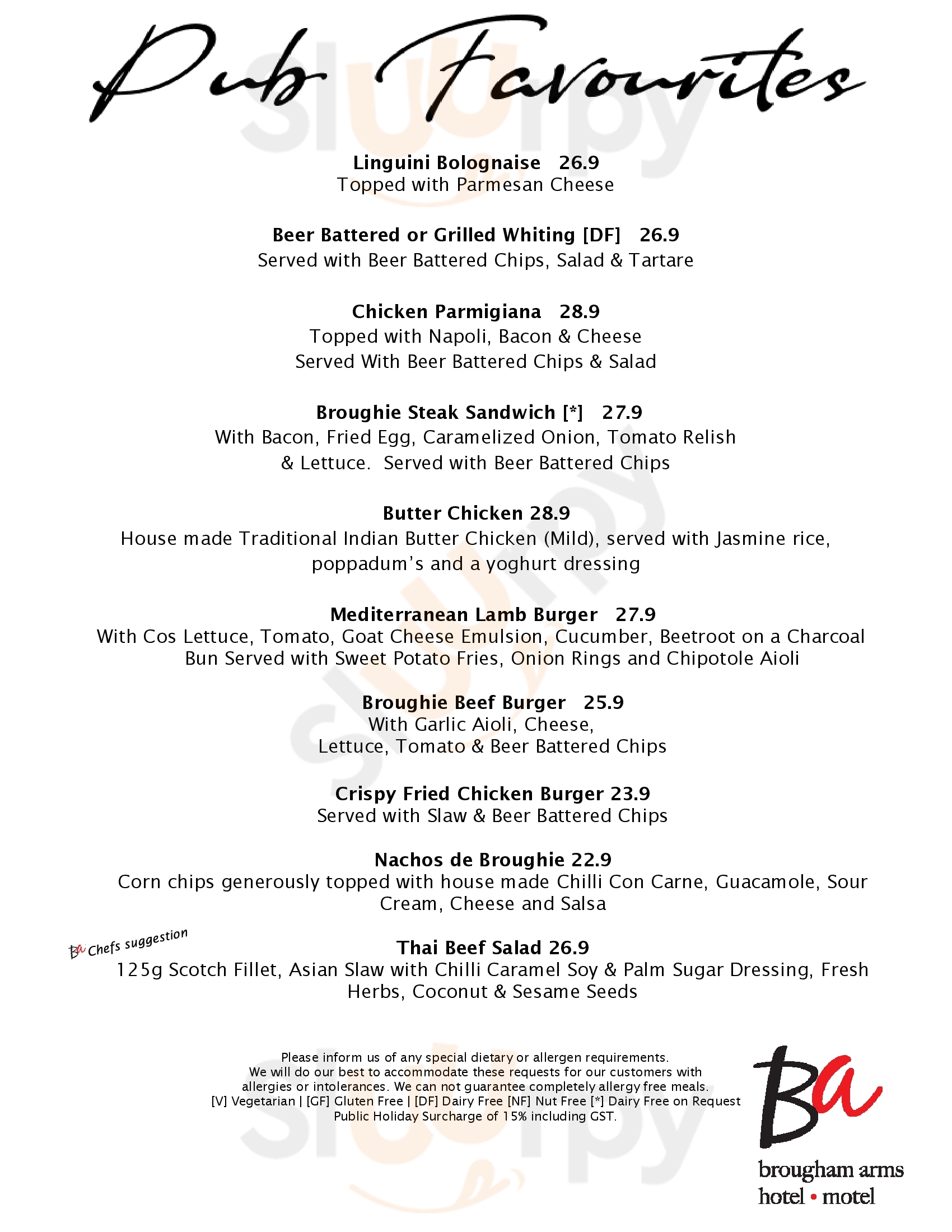 Main Menu Menu - The Brougham Arms Hotel Motel Restaurant, Bendigo