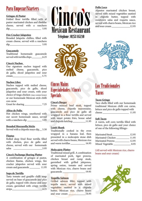 Cinco's Mexican Restaurant, Poulton Le Fylde - 5-7 Breck Road - Menu ...