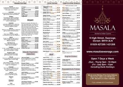 Masala - Swanage, Swanage - 9 High Street - Menu and Prices